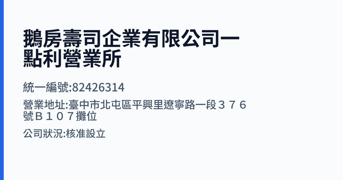 鵝房壽司企業有限公司一點利營業所 - 統編 82426314(臺中市) 公司登記資料與營業項目詳細圖表