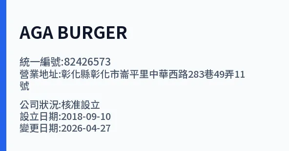 AGA BURGER的照片-統編 82426573(彰化縣) 公司登記資料與營業項目詳細圖表