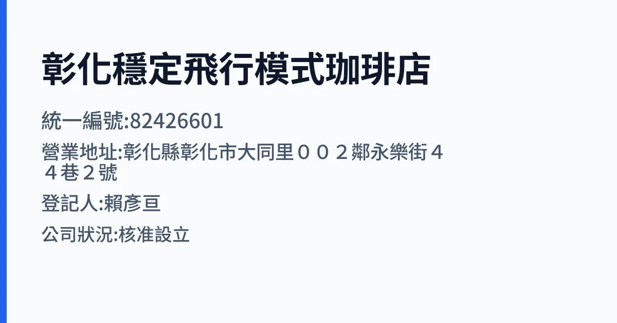 彰化穩定飛行模式珈琲店 - 統編 82426601(彰化縣) 公司登記資料與營業項目詳細圖表