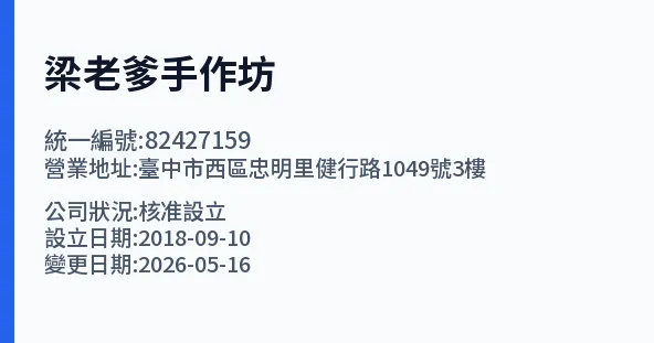 梁老爹手作坊的照片-統編 82427159(臺中市) 公司登記資料與營業項目詳細圖表