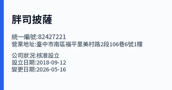 胖司披薩的照片-統編 82427221(臺中市) 公司登記資料與營業項目詳細圖表