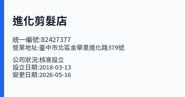 進化剪髮店的照片-統編 82427377(臺中市) 公司登記資料與營業項目詳細圖表