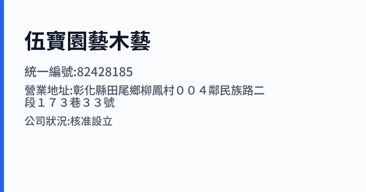 伍寶園藝木藝 - 統編 82428185(彰化縣) 公司登記資料與營業項目詳細圖表