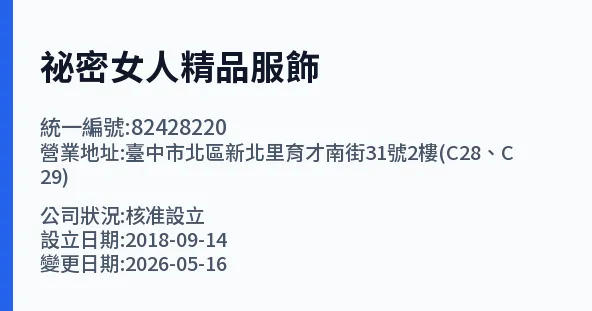 祕密女人精品服飾的照片-統編 82428220(臺中市) 公司登記資料與營業項目詳細圖表
