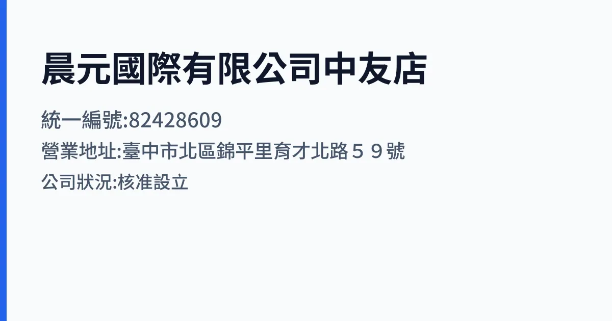 晨元國際有限公司中友店 - 統編 82428609(臺中市) 公司登記資料與營業項目詳細圖表