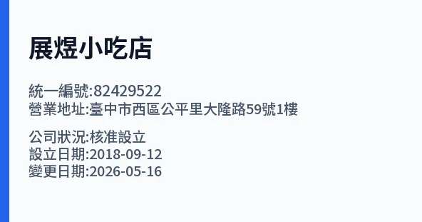 展煜小吃店的照片-統編 82429522(臺中市) 公司登記資料與營業項目詳細圖表