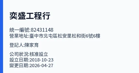 奕盛工程行的照片-統編 82431148(臺中市) 公司登記資料與營業項目詳細圖表