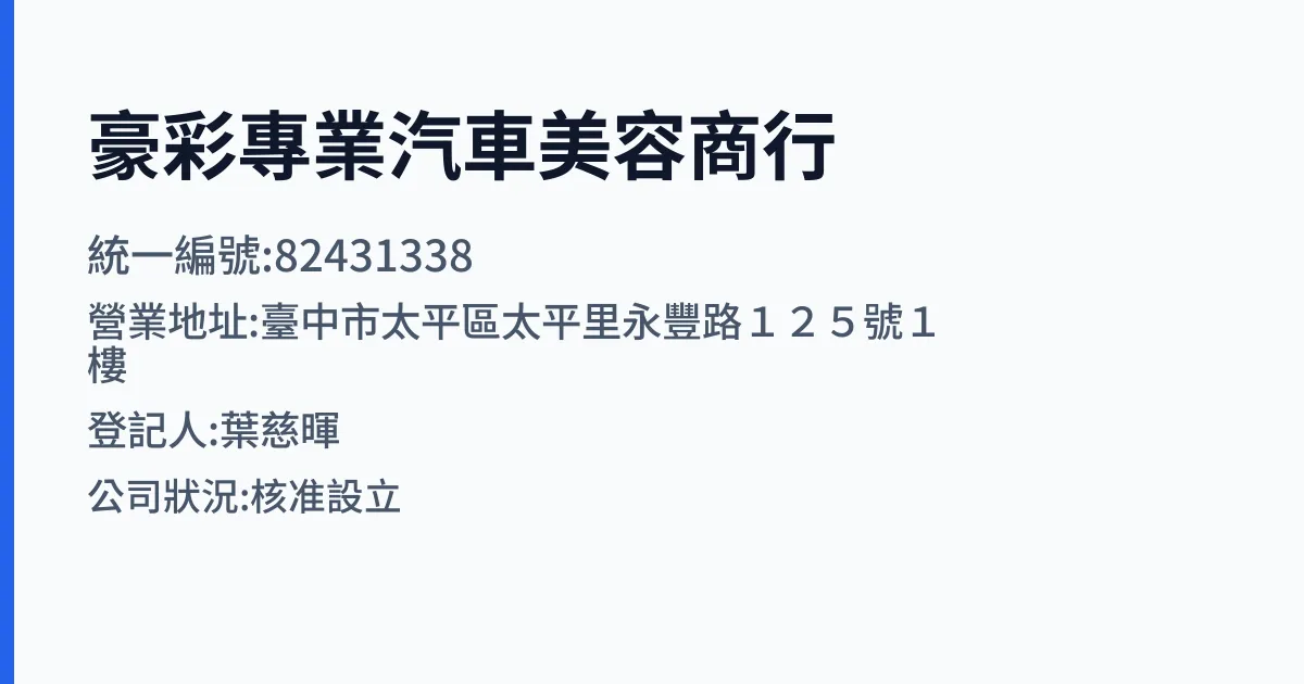 豪彩專業汽車美容商行 - 統編 82431338(臺中市) 公司登記資料與營業項目詳細圖表