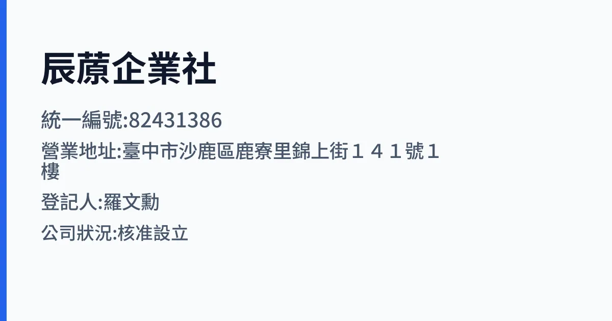辰蒝企業社 - 統編 82431386（臺中市） 公司登記資料與營業項目詳細圖表