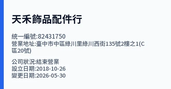 天禾飾品配件行的照片-統編 82431750(臺中市) 公司登記資料與營業項目詳細圖表