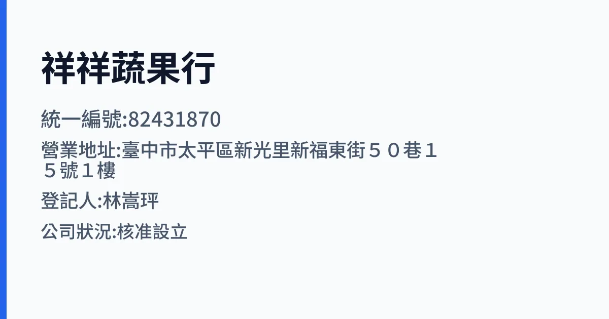祥祥蔬果行 - 統編 82431870(臺中市) 公司登記資料與營業項目詳細圖表