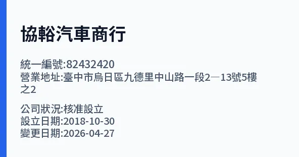 協輍汽車商行的照片-統編 82432420(臺中市) 公司登記資料與營業項目詳細圖表