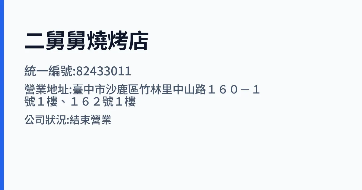 二舅舅燒烤店 - 統編 82433011(臺中市) 公司登記資料與營業項目詳細圖表