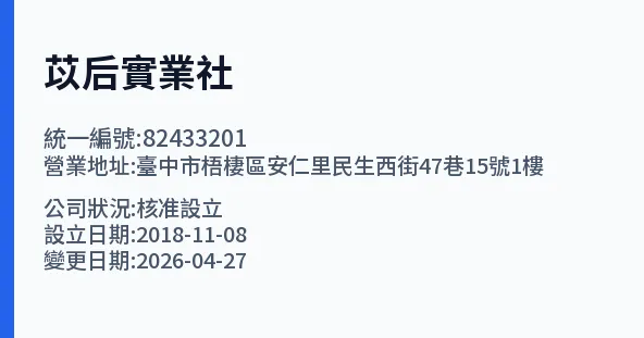 苡后實業社的照片-統編 82433201(臺中市) 公司登記資料與營業項目詳細圖表