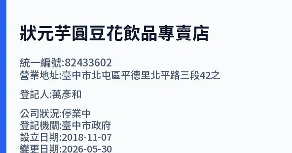 狀元芋圓豆花飲品專賣店的照片-統編 82433602(臺中市) 公司登記資料與營業項目詳細圖表