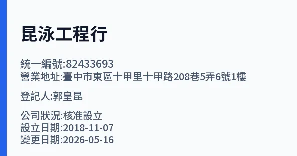 昆泳工程行的照片-統編 82433693(臺中市) 公司登記資料與營業項目詳細圖表