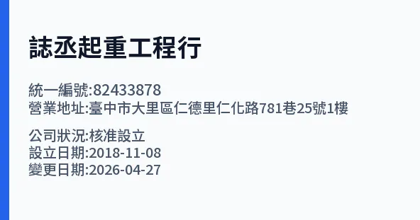 誌丞起重工程行的照片-統編 82433878(臺中市) 公司登記資料與營業項目詳細圖表