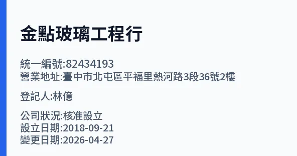 金點玻璃工程行的照片-統編 82434193(臺中市) 公司登記資料與營業項目詳細圖表