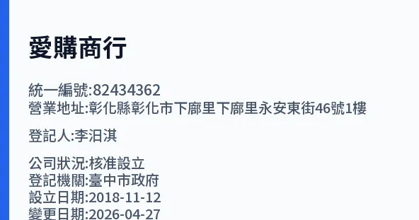 愛購商行的照片-統編 82434362(彰化縣) 公司登記資料與營業項目詳細圖表