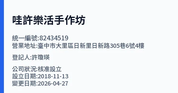 哇許樂活手作坊的照片-統編 82434519(臺中市) 公司登記資料與營業項目詳細圖表
