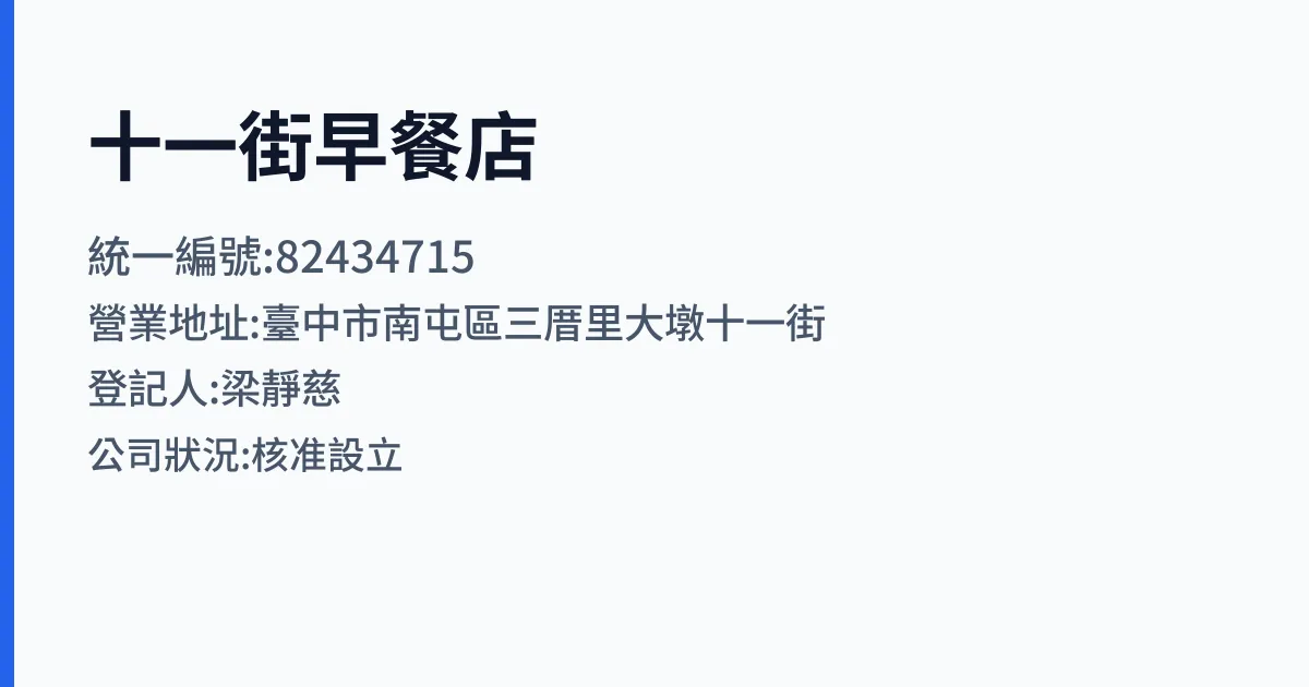 十一街早餐店 - 統編 82434715(臺中市) 公司登記資料與營業項目詳細圖表