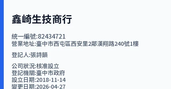 鑫崎生技商行的照片-統編 82434721(臺中市) 公司登記資料與營業項目詳細圖表