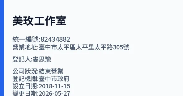 美玫工作室的照片-統編 82434882(臺中市) 公司登記資料與營業項目詳細圖表