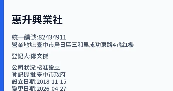惠升興業社的照片-統編 82434911(臺中市) 公司登記資料與營業項目詳細圖表