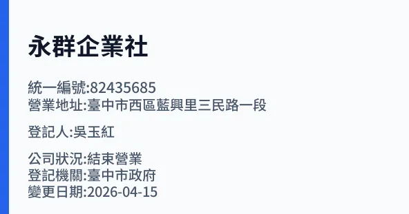 永群企業社的照片-統編 82435685(臺中市) 公司登記資料與營業項目詳細圖表
