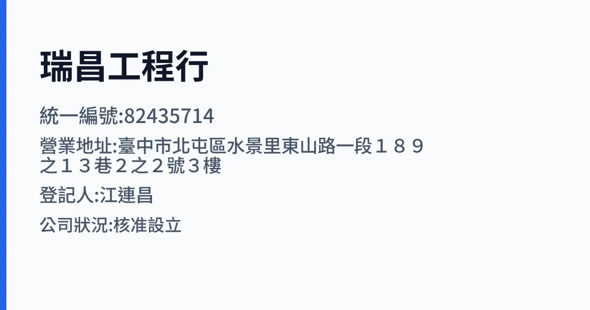 瑞昌工程行 - 統編 82435714(臺中市) 公司登記資料與營業項目詳細圖表
