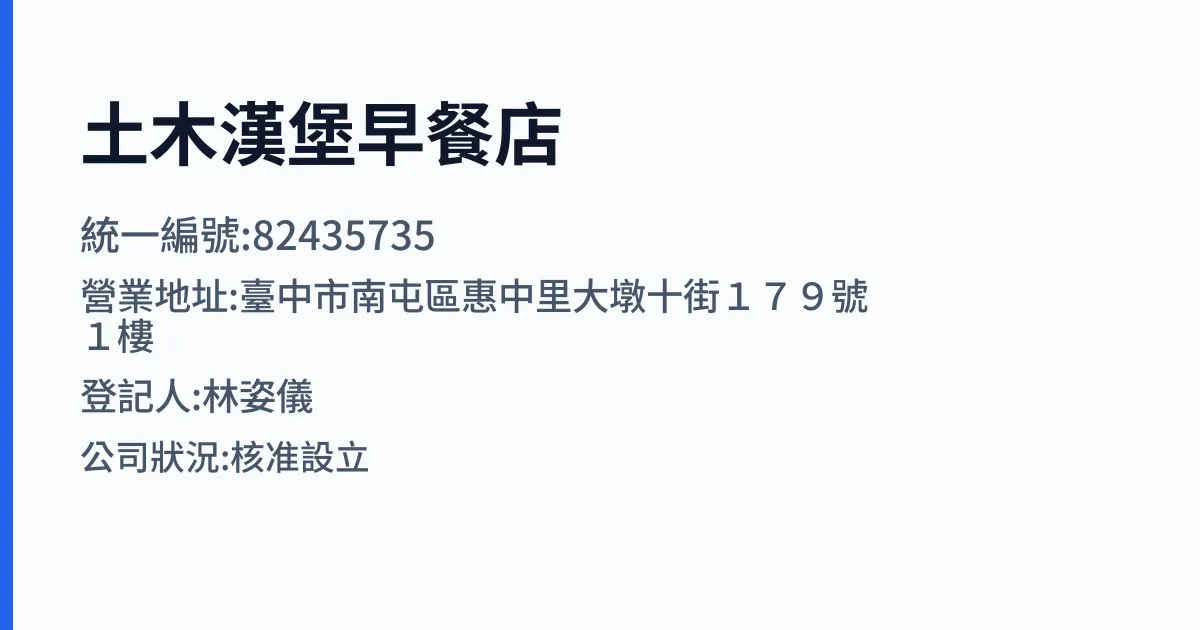 土木漢堡早餐店 - 統編 82435735(臺中市) 公司登記資料與營業項目詳細圖表