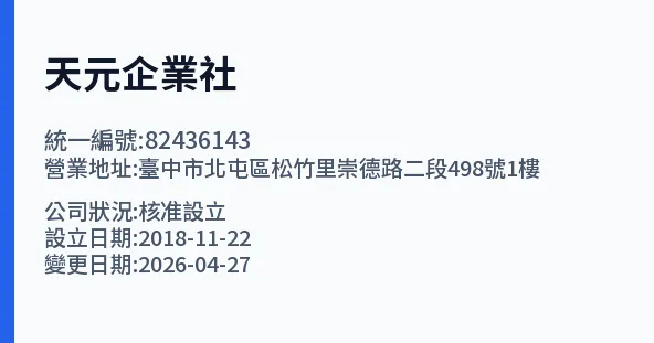 天元企業社的照片-統編 82436143(臺中市) 公司登記資料與營業項目詳細圖表