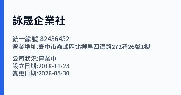 詠晟企業社的照片-統編 82436452(臺中市) 公司登記資料與營業項目詳細圖表