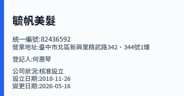 毓帆美髮的照片-統編 82436592(臺中市) 公司登記資料與營業項目詳細圖表