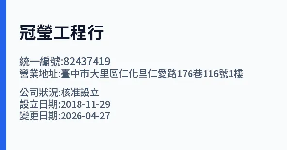 冠瑩工程行的照片-統編 82437419(臺中市) 公司登記資料與營業項目詳細圖表