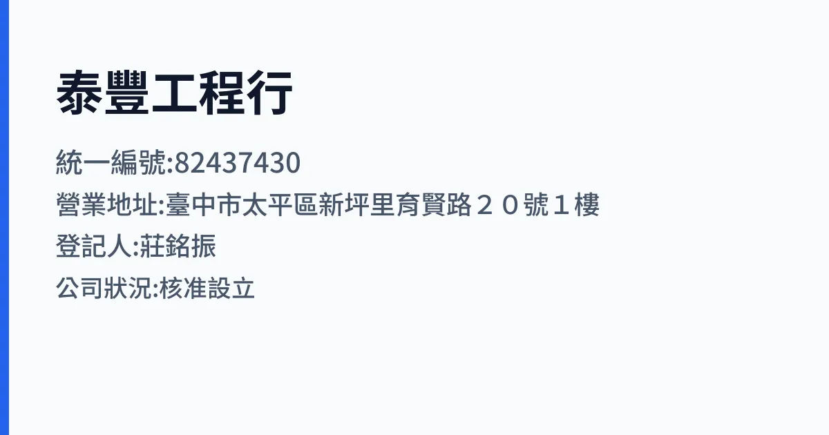 泰豐工程行 - 統編 82437430(臺中市) 公司登記資料與營業項目詳細圖表