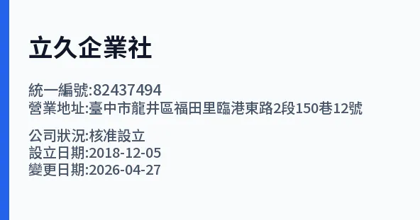 立久企業社的照片-統編 82437494(臺中市) 公司登記資料與營業項目詳細圖表