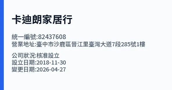卡迪朗家居行的照片-統編 82437608(臺中市) 公司登記資料與營業項目詳細圖表