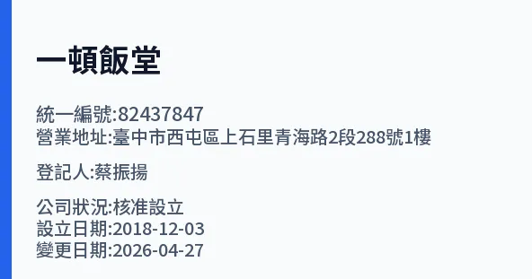 一頓飯堂的照片-統編 82437847(臺中市) 公司登記資料與營業項目詳細圖表