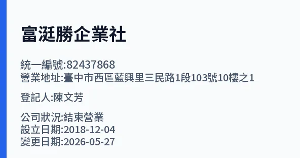 富涏勝企業社的照片-統編 82437868(臺中市) 公司登記資料與營業項目詳細圖表