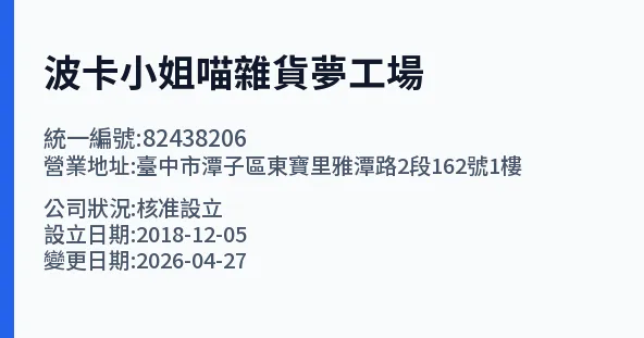 波卡小姐喵雜貨夢工場的照片-統編 82438206(臺中市) 公司登記資料與營業項目詳細圖表