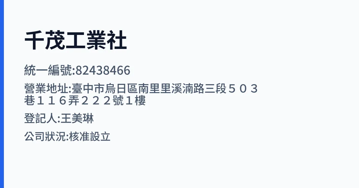千茂工業社 - 統編 82438466(臺中市) 公司登記資料與營業項目詳細圖表