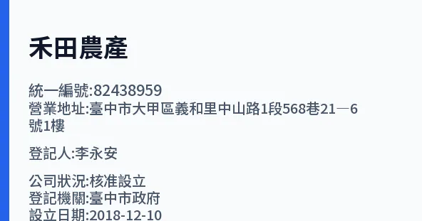 禾田農產的照片-統編 82438959(臺中市) 公司登記資料與營業項目詳細圖表