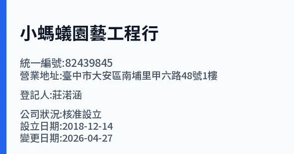 小螞蟻園藝工程行的照片-統編 82439845(臺中市) 公司登記資料與營業項目詳細圖表