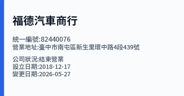 福德汽車商行的照片-統編 82440076(臺中市) 公司登記資料與營業項目詳細圖表