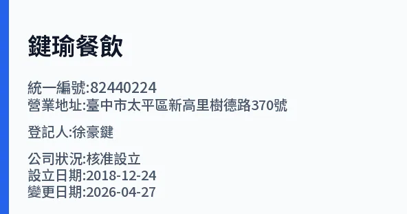 鍵瑜餐飲的照片-統編 82440224(臺中市) 公司登記資料與營業項目詳細圖表