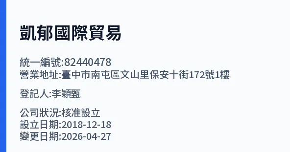 凱郁國際貿易的照片-統編 82440478(臺中市) 公司登記資料與營業項目詳細圖表