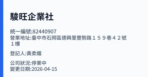 駿旺企業社的照片-統編 82440907(臺中市) 公司登記資料與營業項目詳細圖表