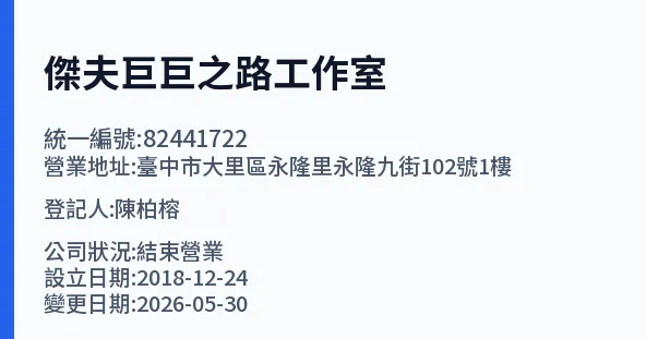 傑夫巨巨之路工作室的照片-統編 82441722(臺中市) 公司登記資料與營業項目詳細圖表