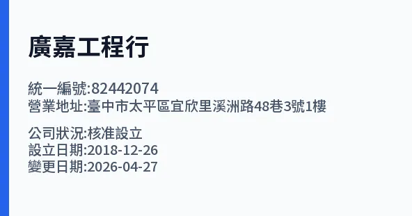 廣嘉工程行的照片-統編 82442074(臺中市) 公司登記資料與營業項目詳細圖表